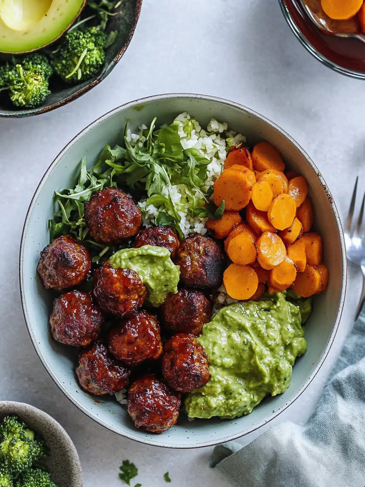 Irresistible Barbecue Meatball Bowls with Avocado Goddess Sauce